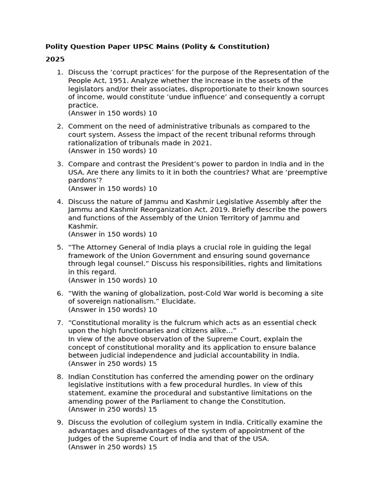 Polity Question Paper UPSC Mains | PDF | Constitution | Governance
