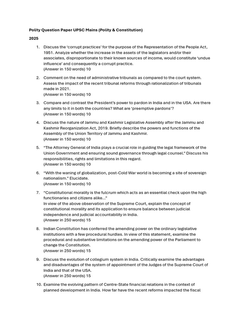 Polity Question Paper UPSC Mains | PDF | Constitution | Governance