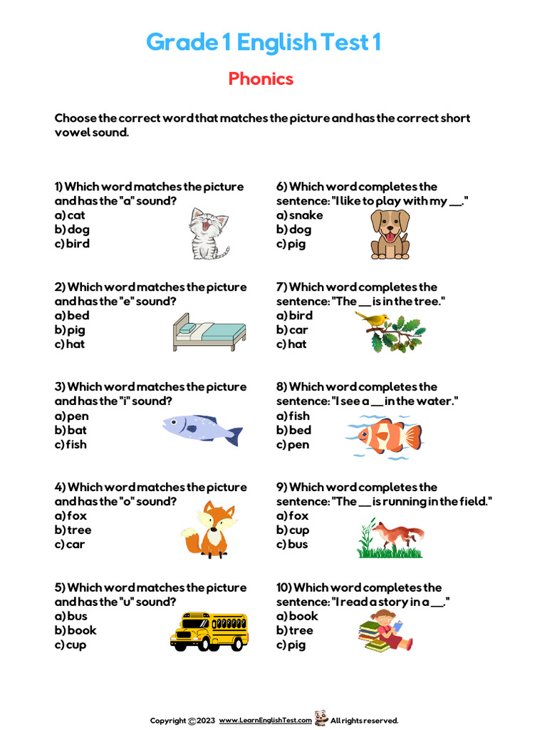 Grade 1 Phonics Picture Quiz | PDF