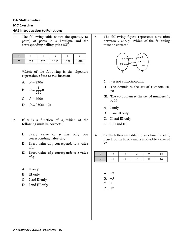 F.4 Maths Functions MC Exercise | PDF | Function (Mathematics ...