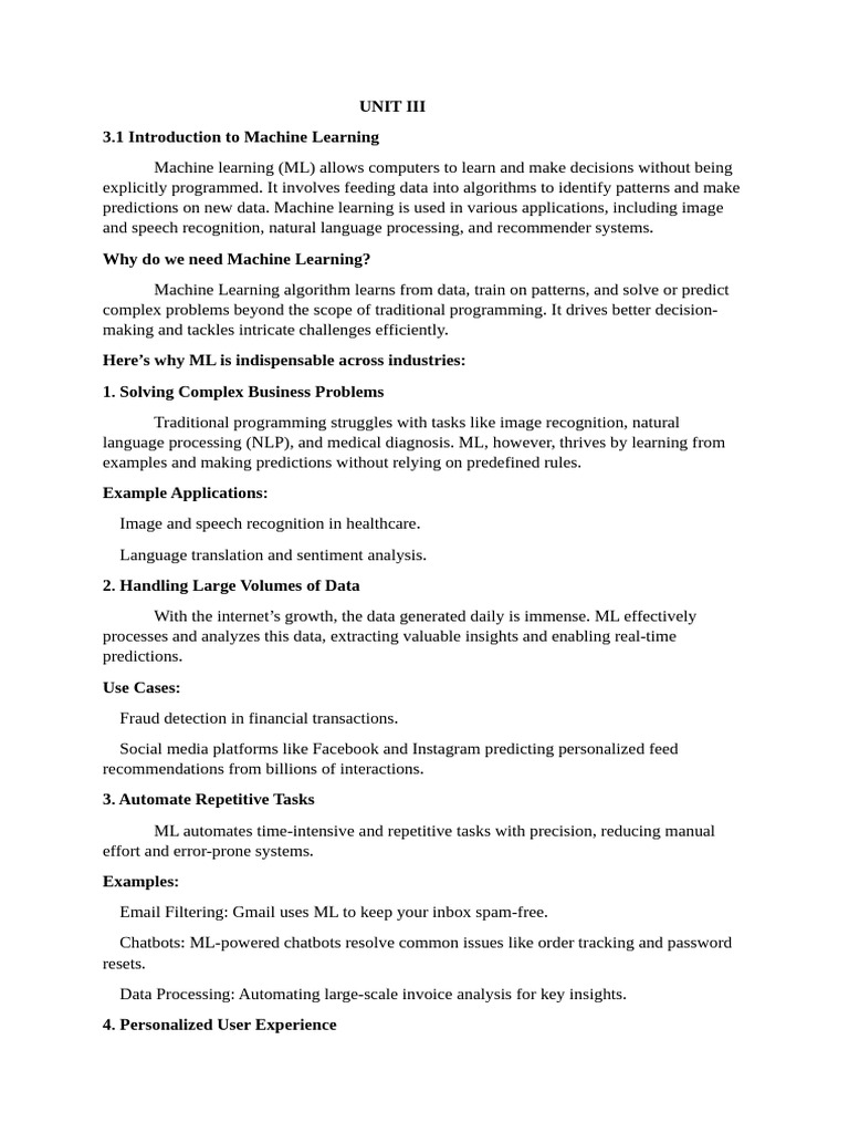 UNIT III (ML, Classification, Regression, Types of ML) | PDF | Machine ...