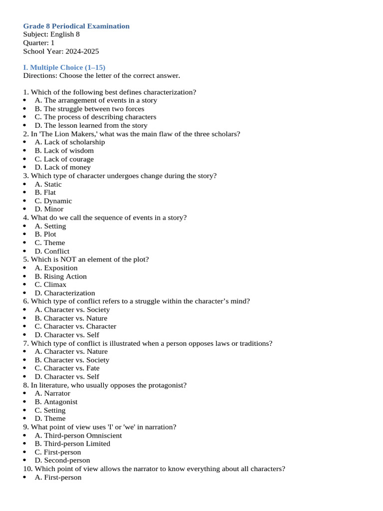 Grade8 Periodical Exam With AnswerKey | PDF | Narration | Plot (Narrative)