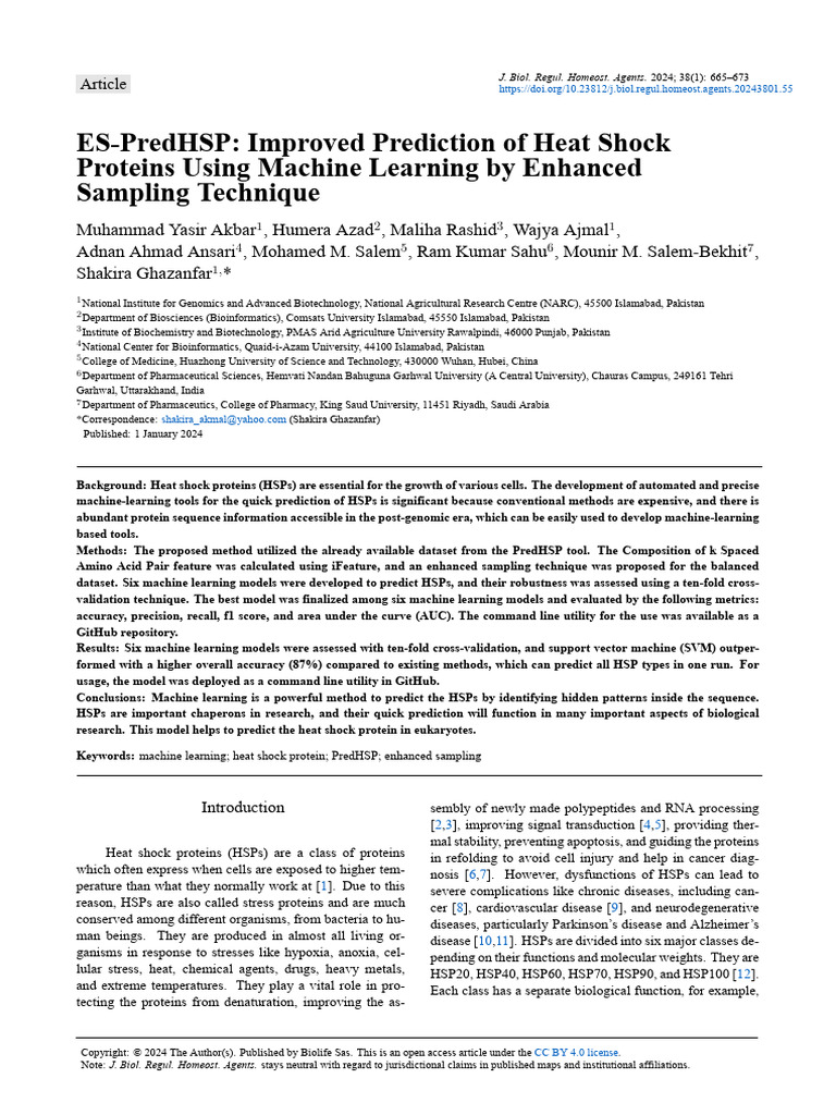 ES-PredHSP - Improved Prediction of Heat Shock Proteins Using Machine Learning by Enhanced ...