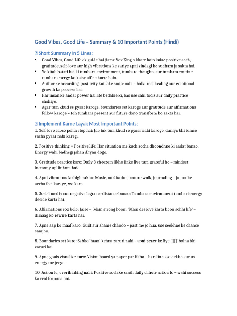 Good Vibes Good Life Summary & 10 Points | PDF