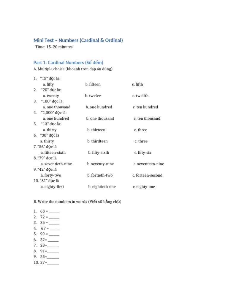 Numbers Mini Test: Cardinal & Ordinal | PDF