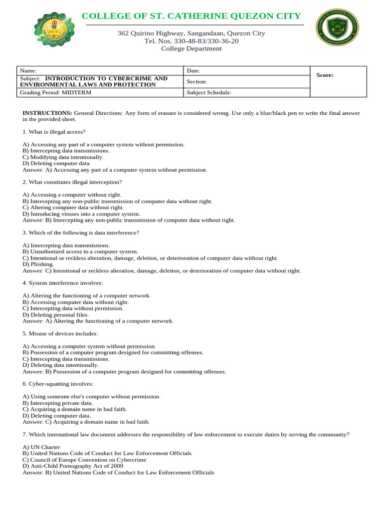 CSCQC - Exam-Introduction To Cybercrime and Environmental Laws and Protection-Midterm Exam ...