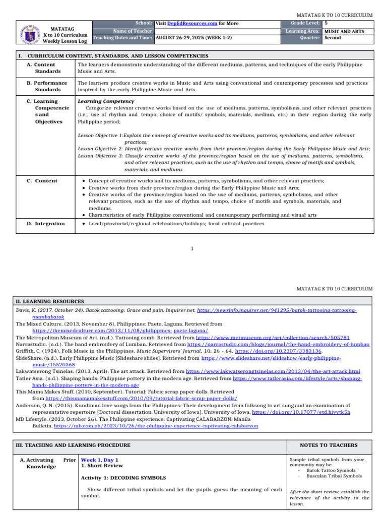 DLL Matatag - Music&arts 5 q2 w1-2 | PDF