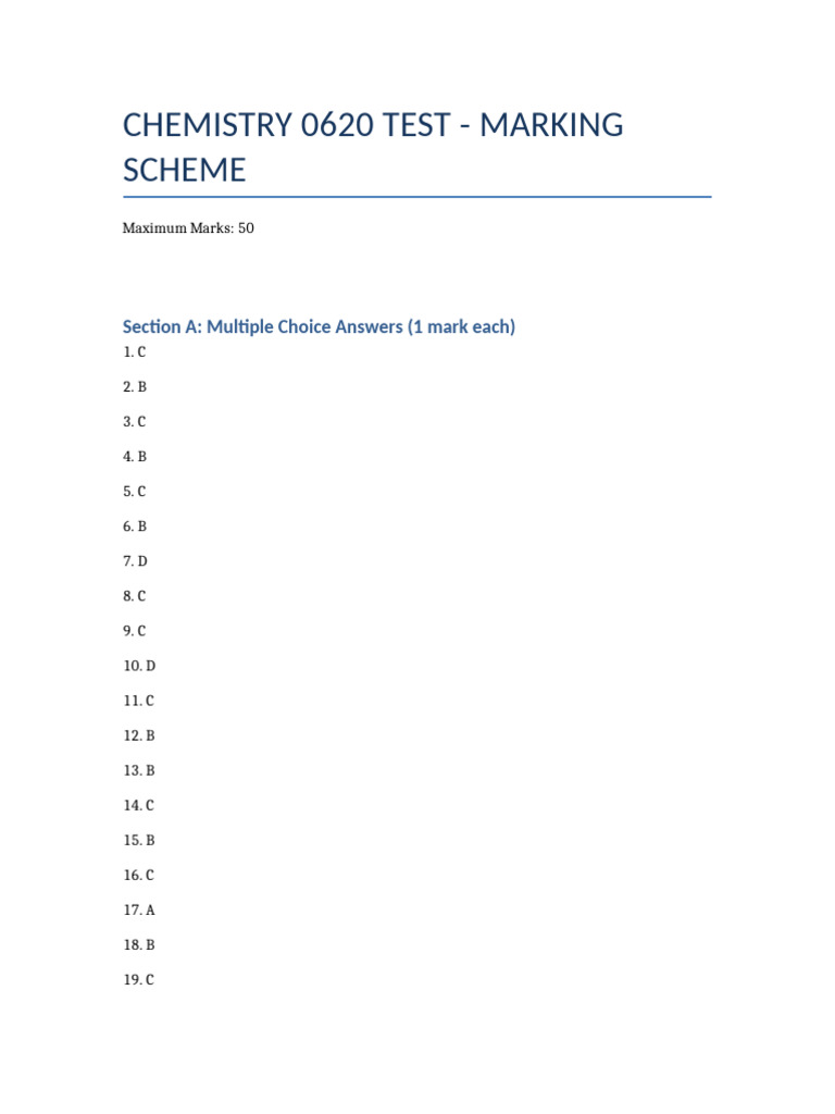 Chemistry 0620 Test Marking Scheme | PDF
