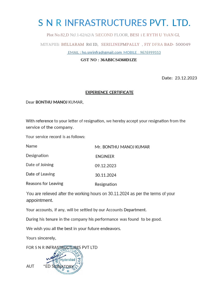 B MANOJ KUMAR Experience Letter | PDF