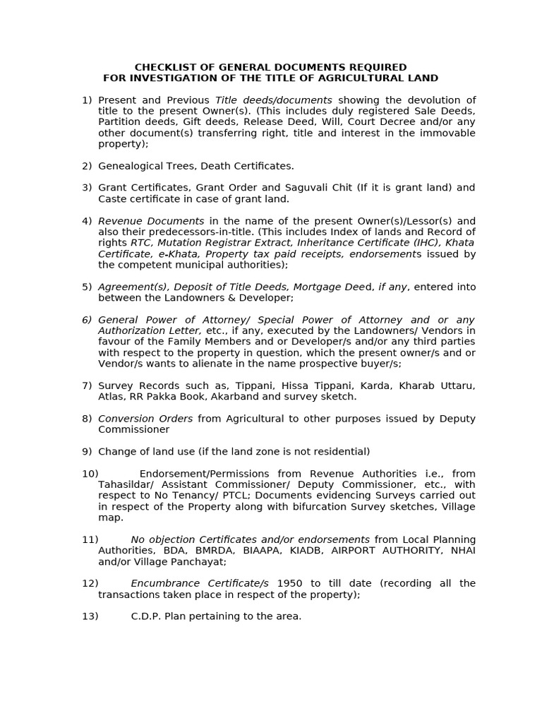 Agricultural Land Title Document Checklist | PDF