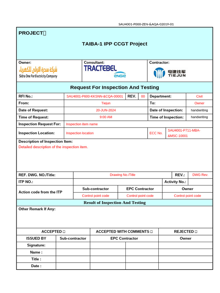 Taiba-1 CCGT Project Inspection Request | PDF