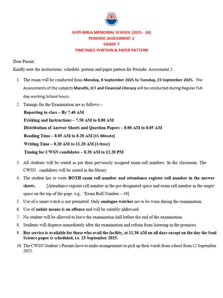 Gopi Birla Time Table Portion & Paper Pattern | PDF | Multiple Choice