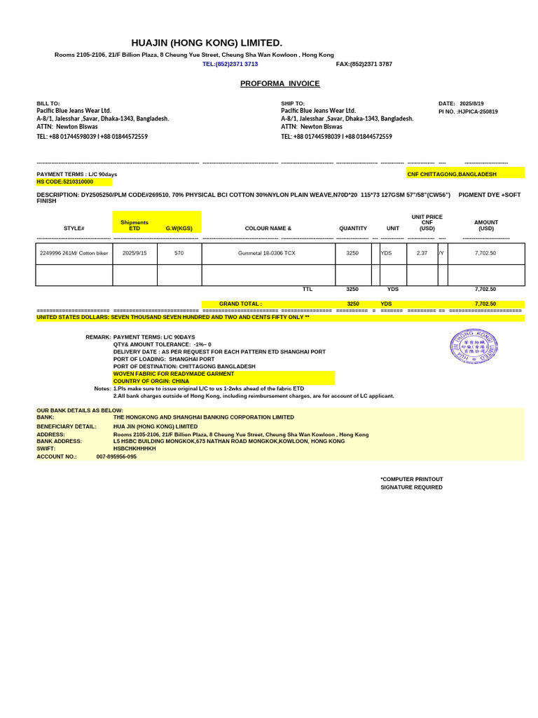 Proforma Invoice for Pacific Blue Jeans | PDF | Textile Industry | Textiles
