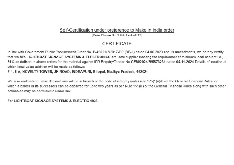 Make in India (MII) Certificate Generator For GeM - GeM Portal Course | PDF