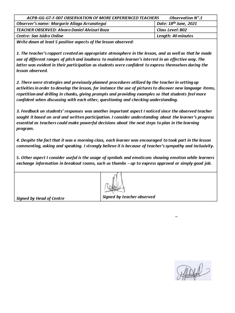 Teacher Observation Report: B02 Class Insights | PDF | Learning | Teachers