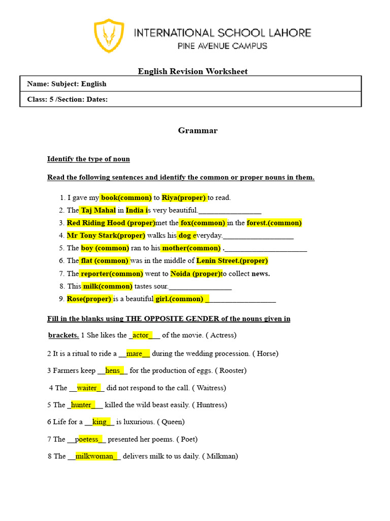 English Grammar Revision Worksheet | PDF | Adjective | Language Mechanics