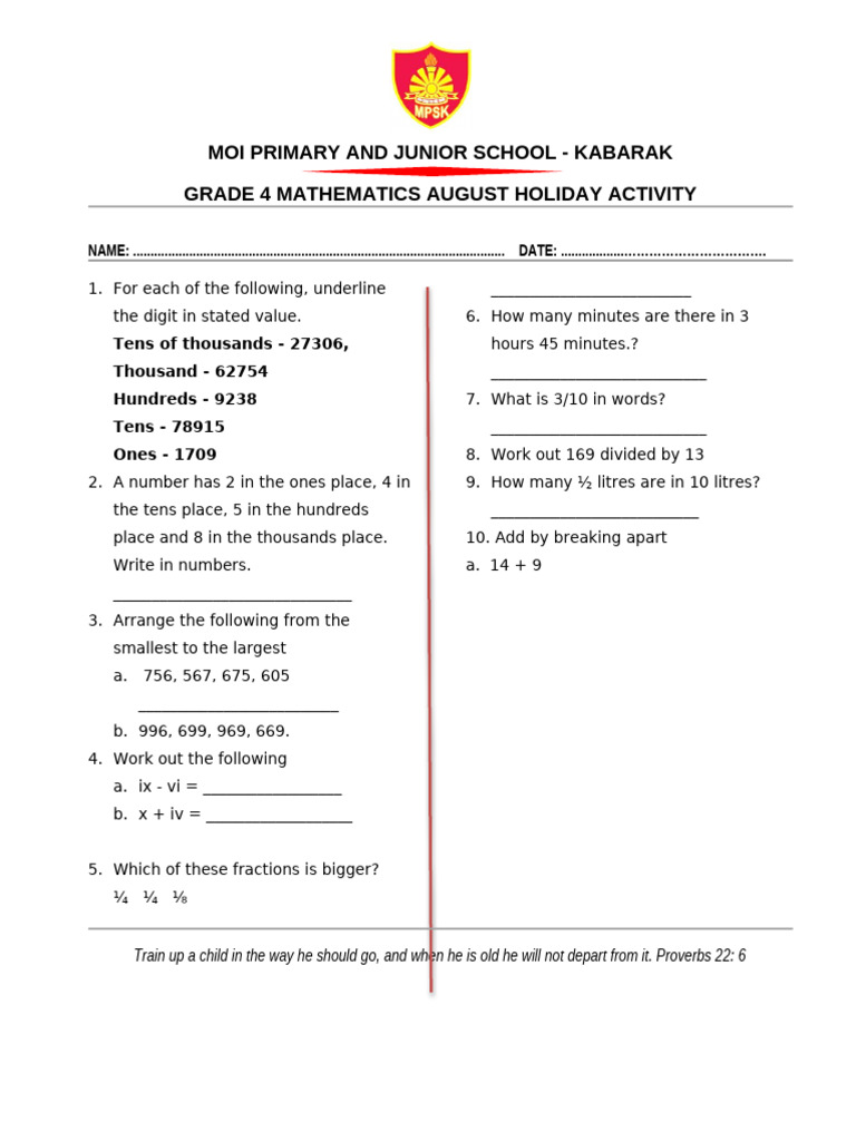 Grade 4 Math Holiday Activity Guide | PDF