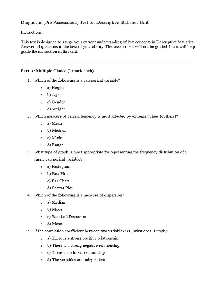 Descriptive Statistics Pre-Assessment Test | PDF | Data Analysis ...
