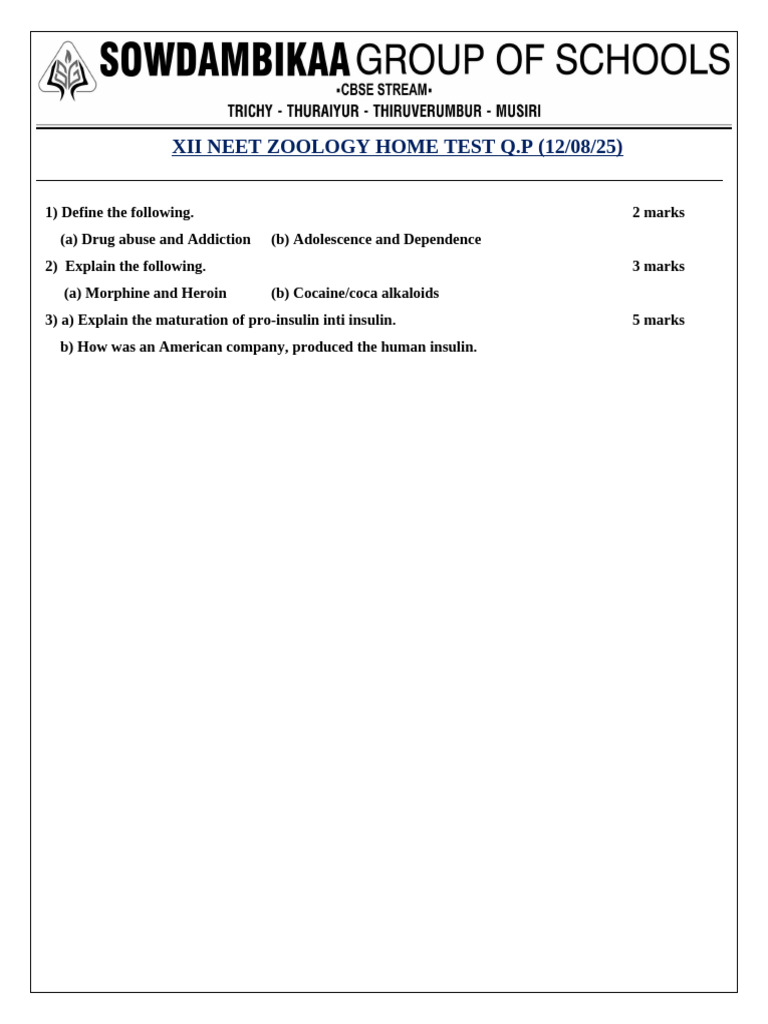 NEET Zoology Home Test: Drug Abuse & Insulin | PDF