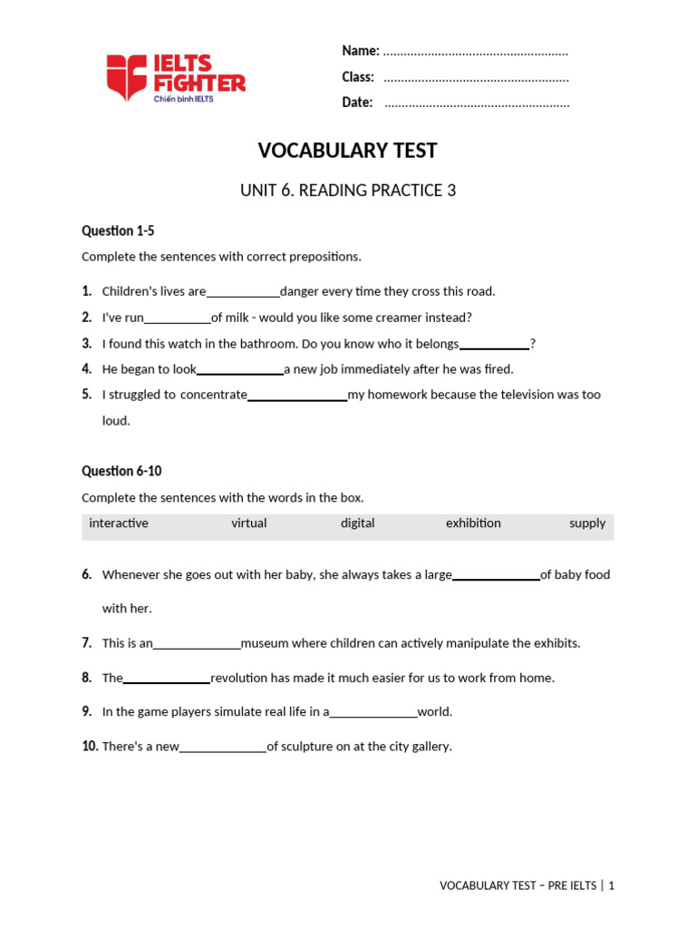 Vocab Test 17. Unit 6. Reading. Reading Practice 3 | PDF