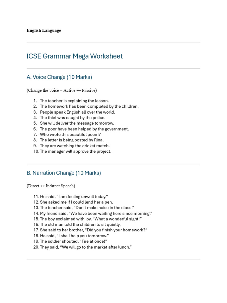 ICSE English Grammar Mega Worksheet | PDF