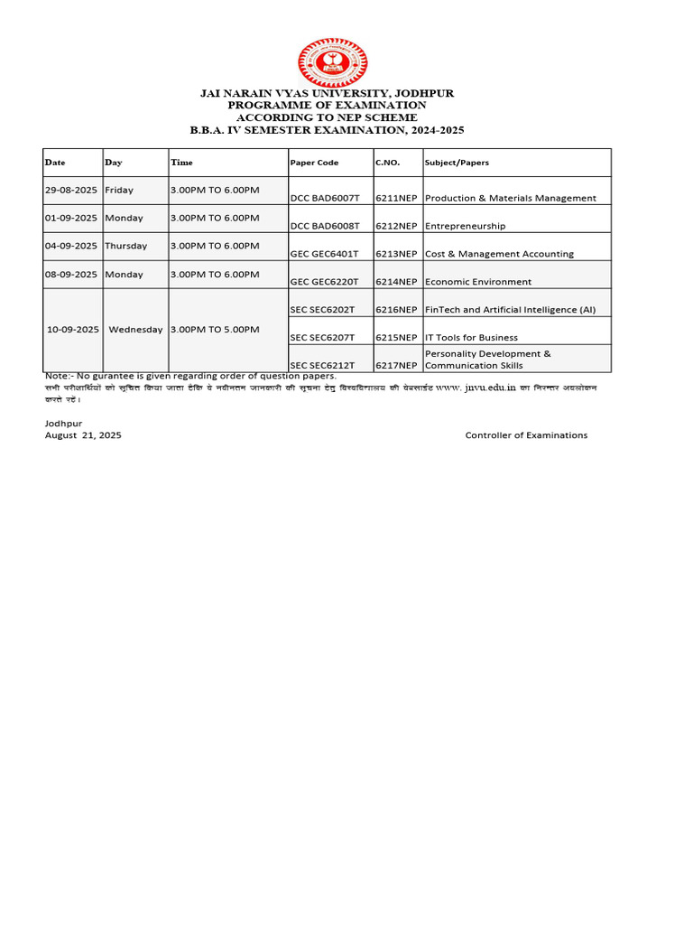 Bba Fourth Semester Nep Scheme Examination 2025.Xlsx | PDF