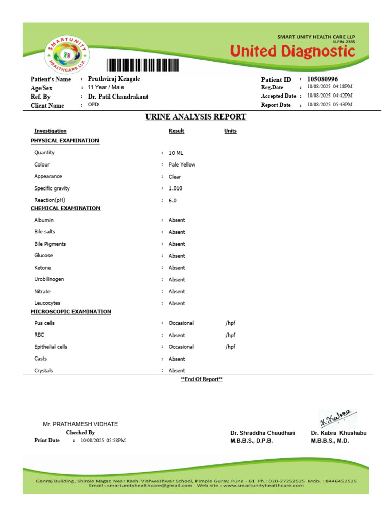 Urine Analysis Report: Patient's Name Pruthviraj Kengale Age/Sex Ref ...