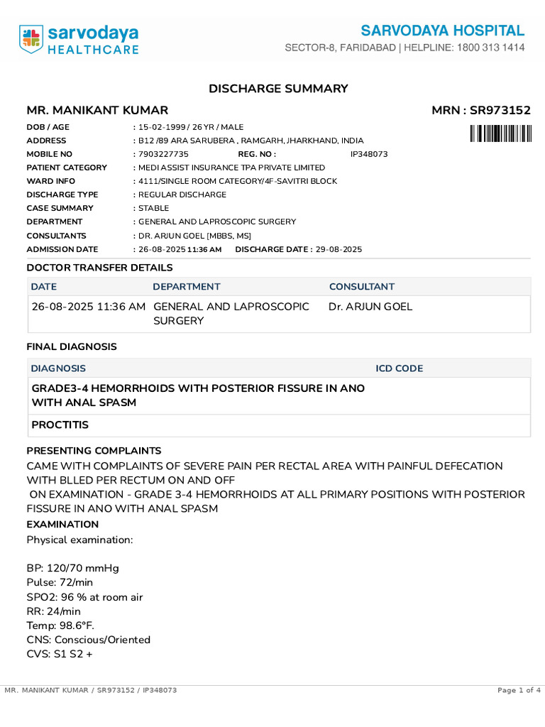 Discharge Summary: Hemorrhoids Surgery | PDF | Hemorrhoid | Rectum
