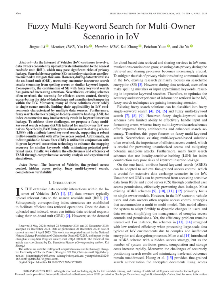 Fuzzy Multi-Keyword Search for Multi-Owner Scenario in IoV | PDF | Encryption | Key (Cryptography)