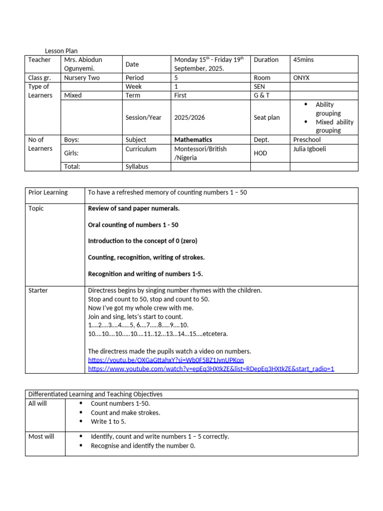 Nursery 2 Mathematics Lesson Plan | PDF | Preschool | Teachers