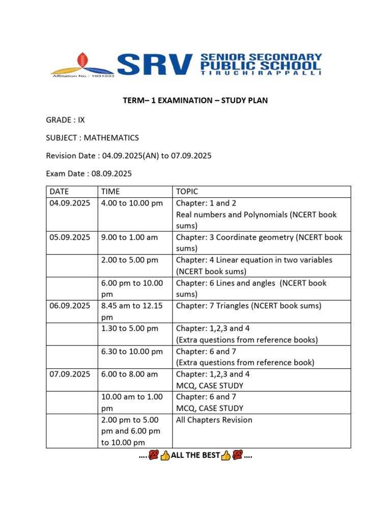 G9 Math - T1 Study Plan 2025 | PDF