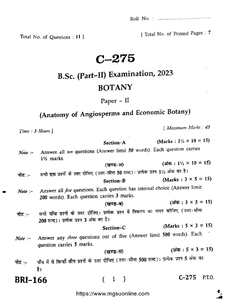 BSC Part 2 Botany Anatomy of Angiosperms and Economic Botany C 275 2023 ...