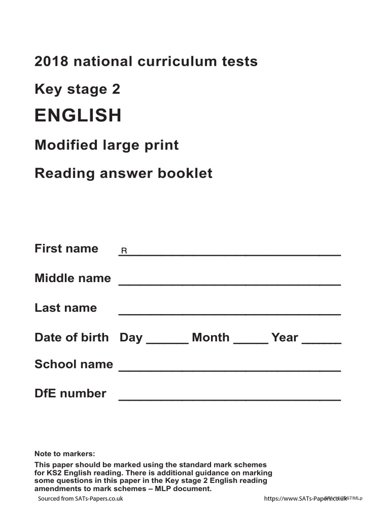 STA187967Mle 2018 Ks2 English Reading MLP Reading Answer Booklet | PDF ...