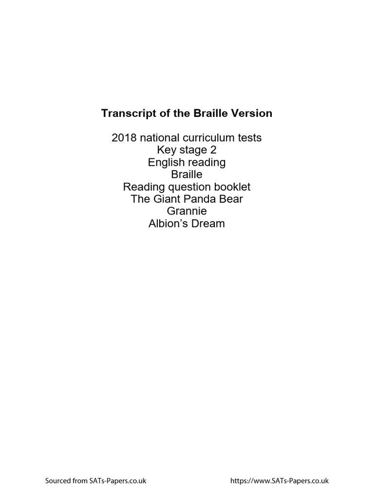 STA187967BTp 2018 Ks2 English Reading Braille Reading Answer Booklet ...