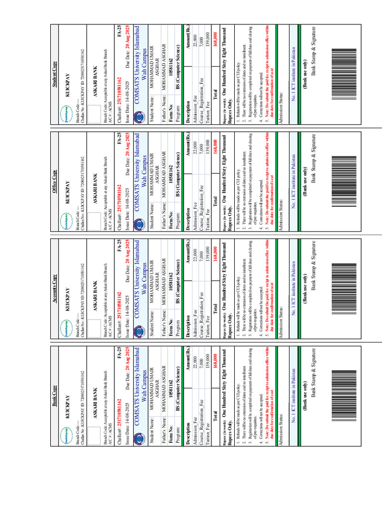 COMSATS University Fee Challan 2025 | PDF