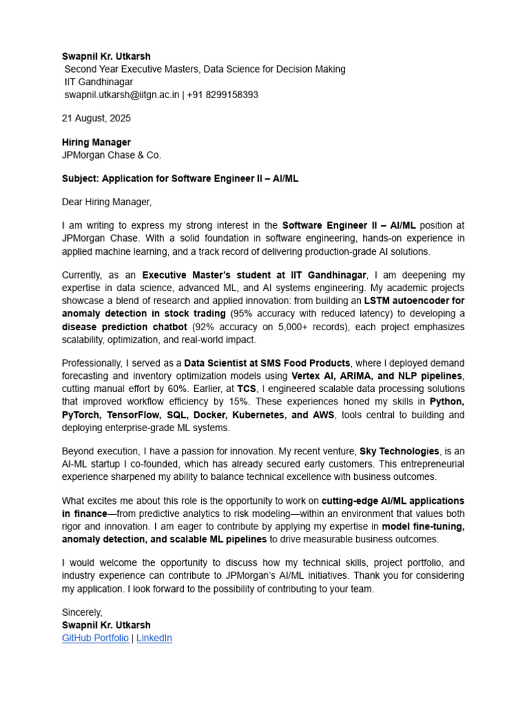Cover Letter JPMC | PDF