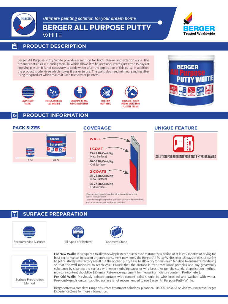 Berger All Purpose Putty Overview | PDF | Plaster | Paint