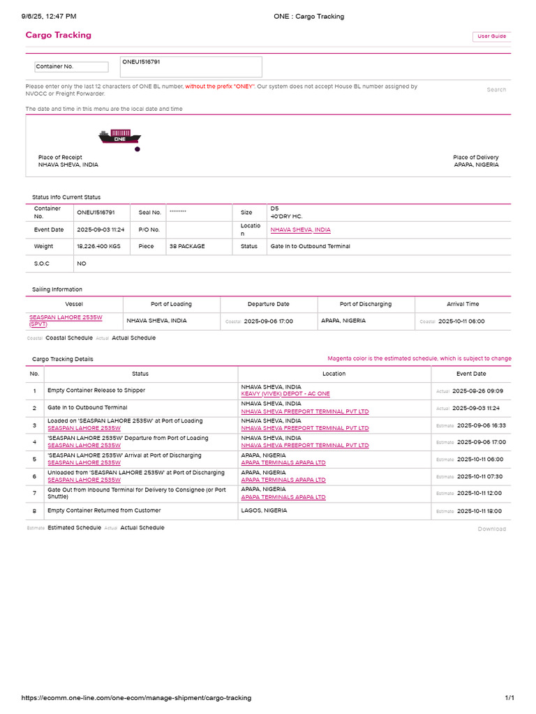 ONE Container Tracking Details | PDF | Cargo | Logistics