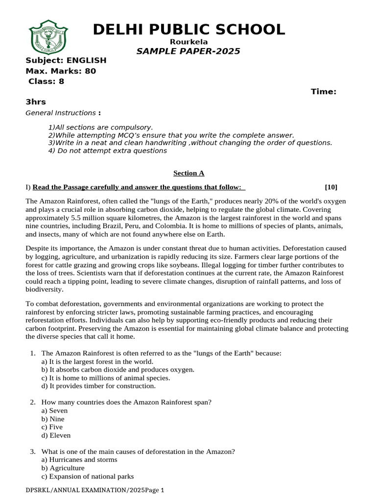 English Sample Paper Class 8 DPS Rourkela | PDF | Amazon Rainforest ...