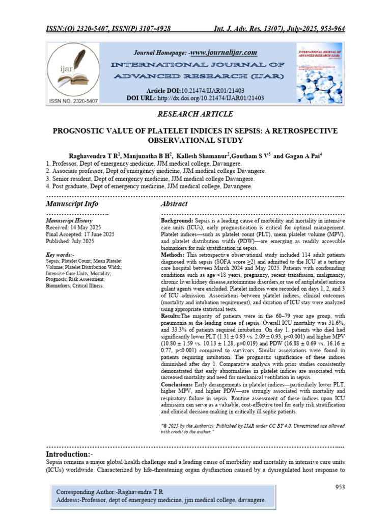 Prognostic Value of Platelet Indices in Sepsis: A Retrospective Observational Study | PDF ...