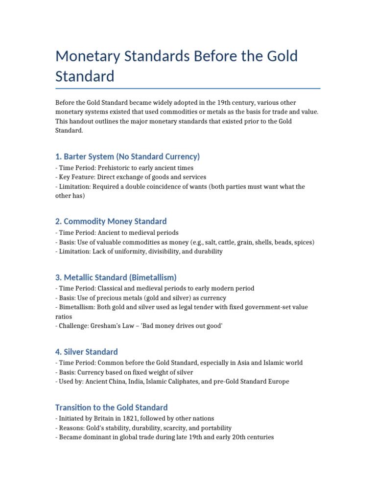 Monetary Standards Pre Gold Handout | PDF