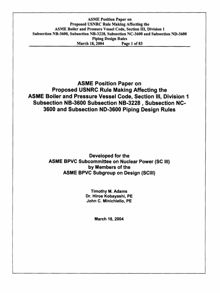 ASME Position On USNRC Rule Making For Piping Design | PDF | Fatigue ...