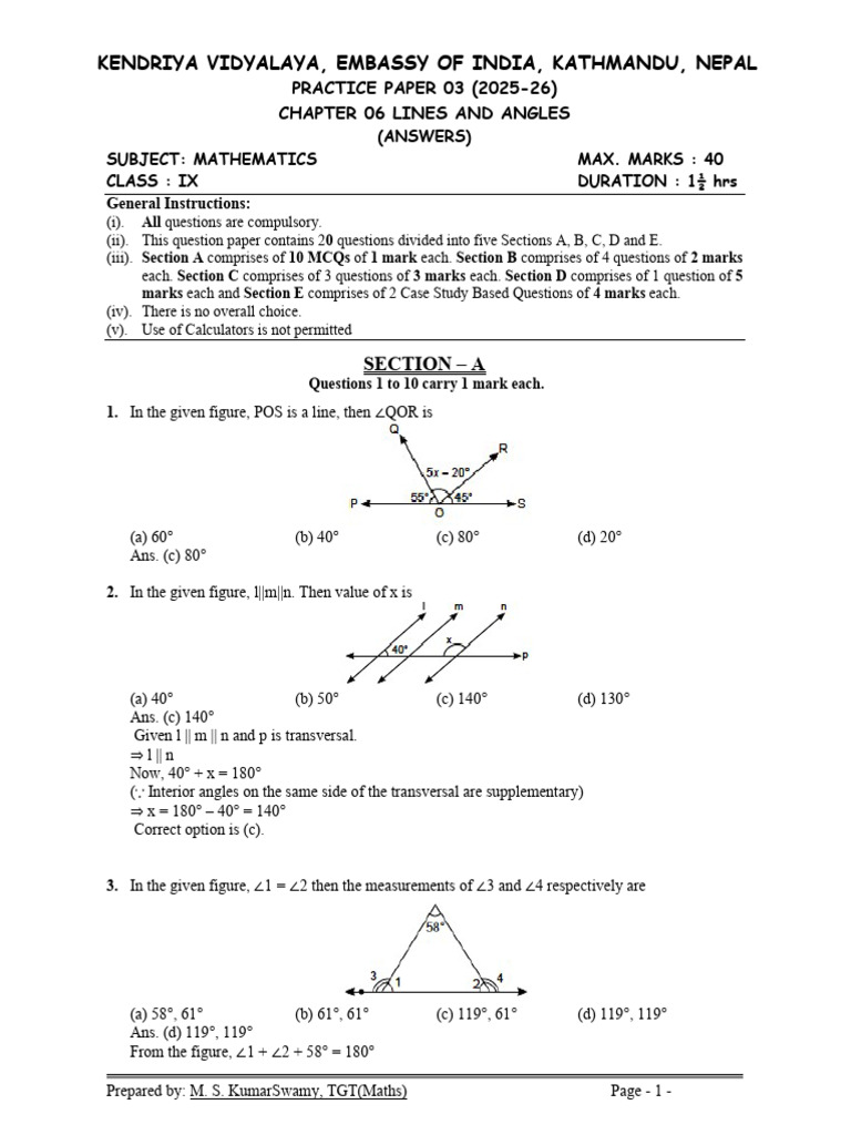 Maths Class Ix Chapter 06 Lines and Angles Practice Paper 03 2025 Answers | PDF | Elementary ...
