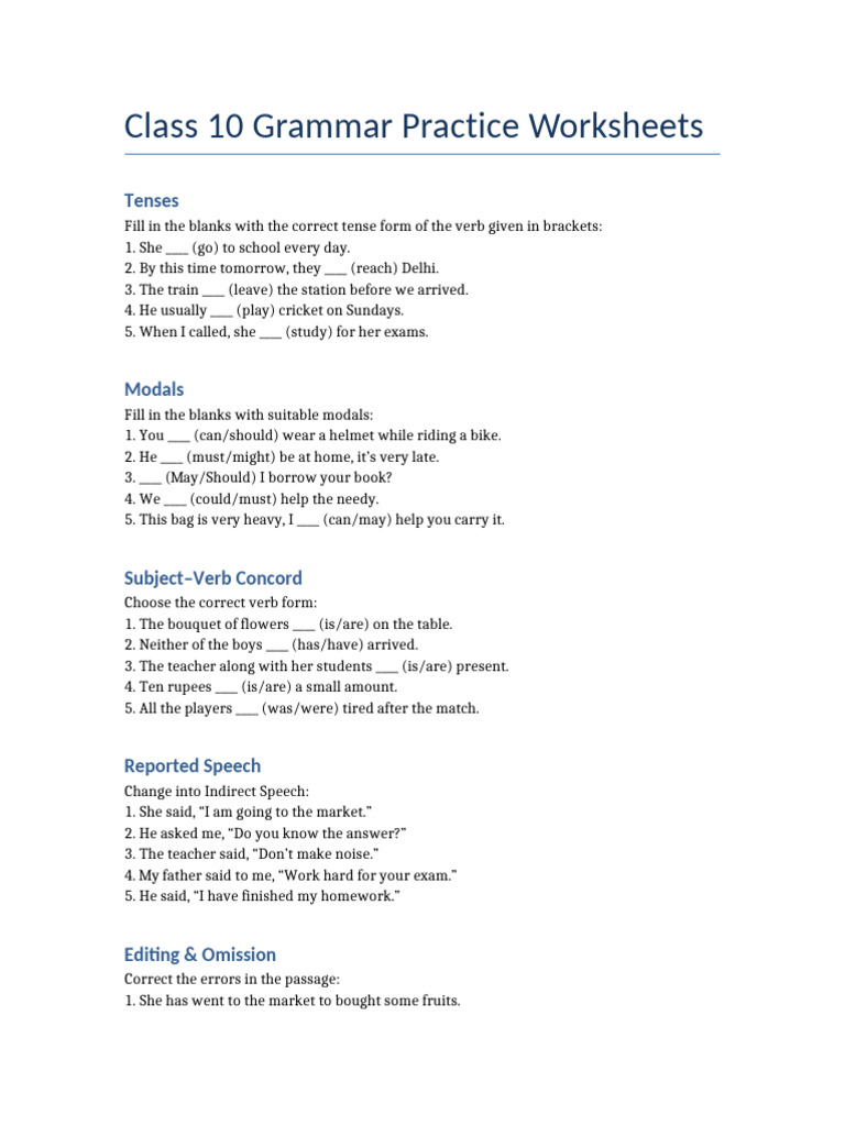 Class10 Grammar Worksheets | PDF
