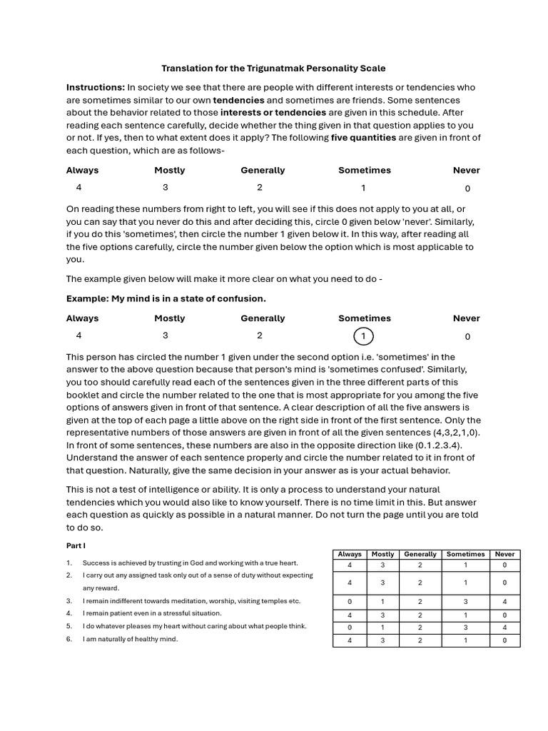 Trigunatmak Personality Scale Guide | PDF | Question | Self Control