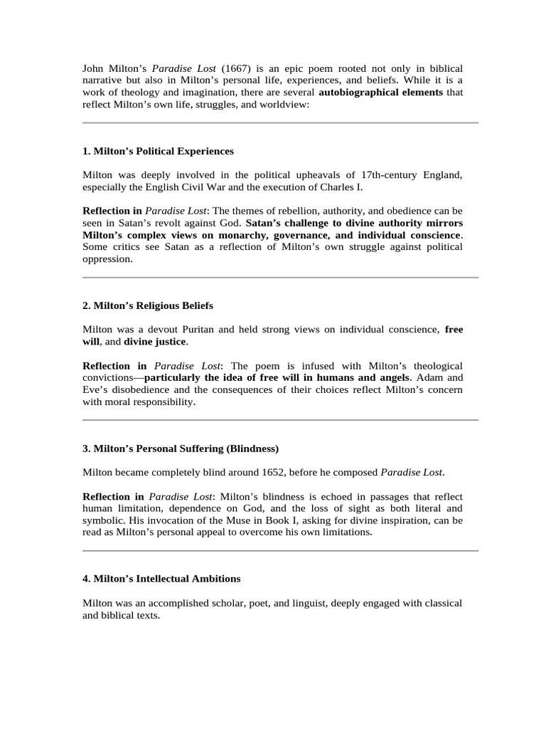 Autobiographical Elements in John Milton's Paradise Lost | PDF ...