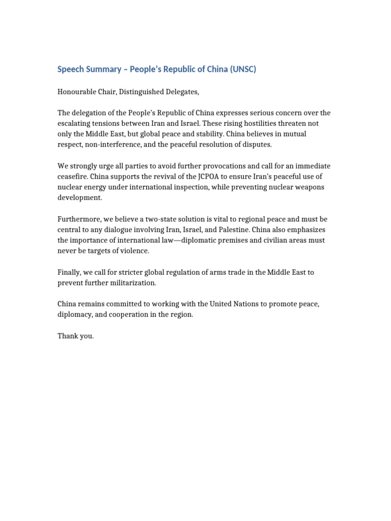 China UNSC Speech Summary MUN | PDF