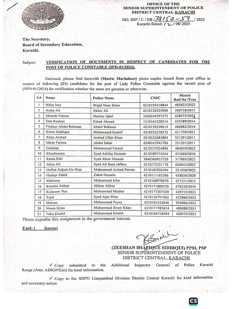 Letter For The Verification of Matric Marksheet of SPD-01 (Female) | PDF