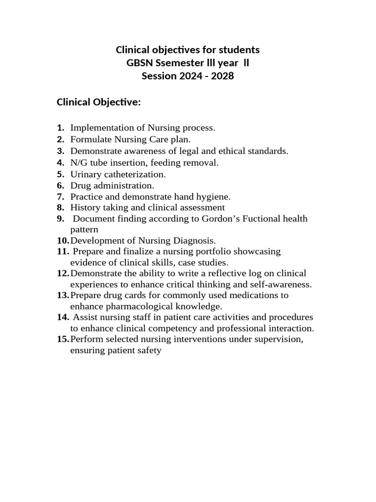 Clinical Objectives for Nursing Students | PDF