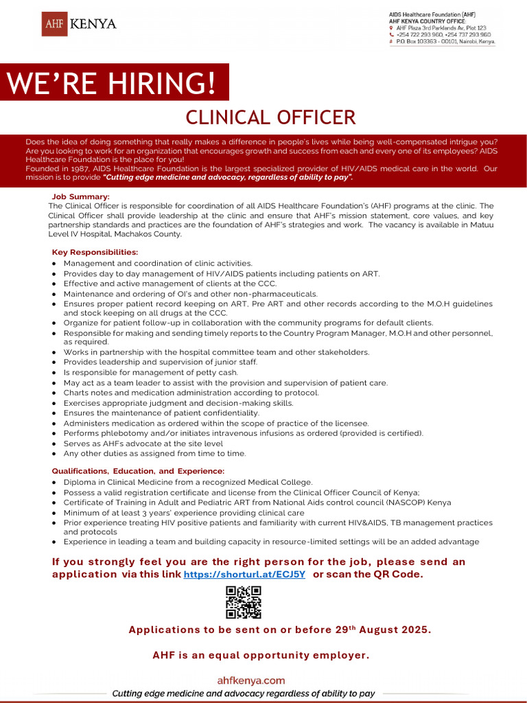 Clinical Officer Vacancy at Matuu Hospital | PDF | Aids Healthcare ...